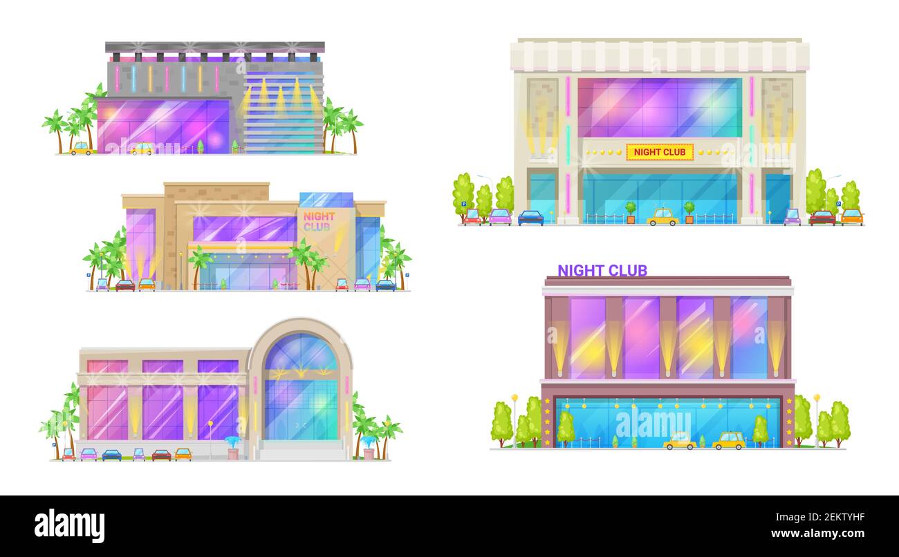 Night club modern building, city dance hall icons. Vector entertainment ...