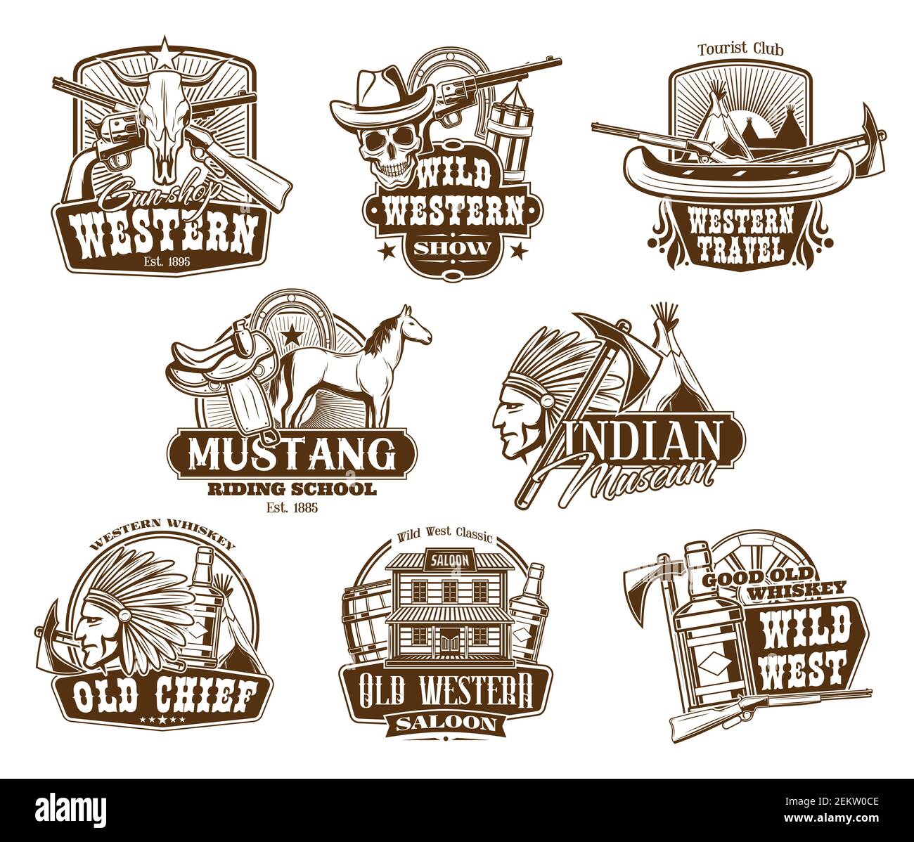 American Western icons, wild West show and rodeo riding school symbols ...