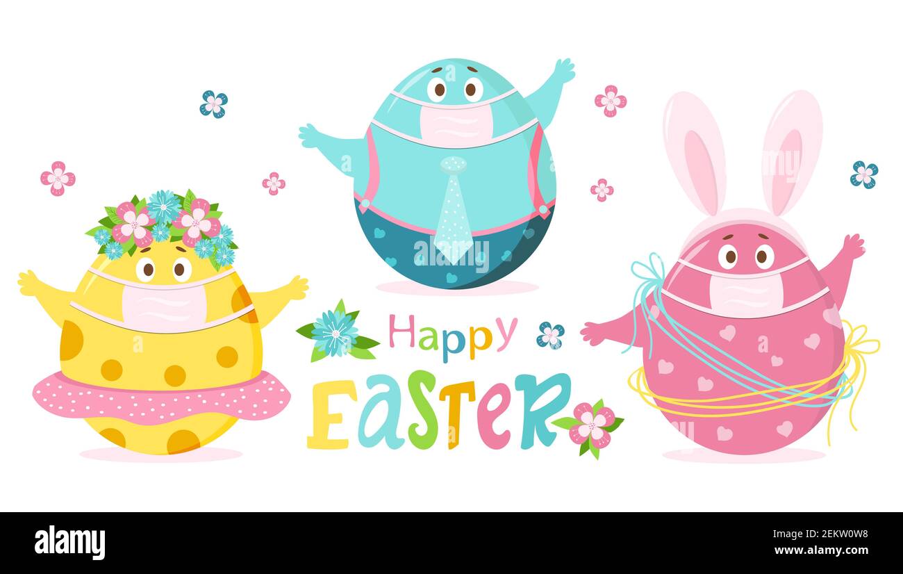 Happy Easter colorful greeting card. Three cheerful cute Easter ...