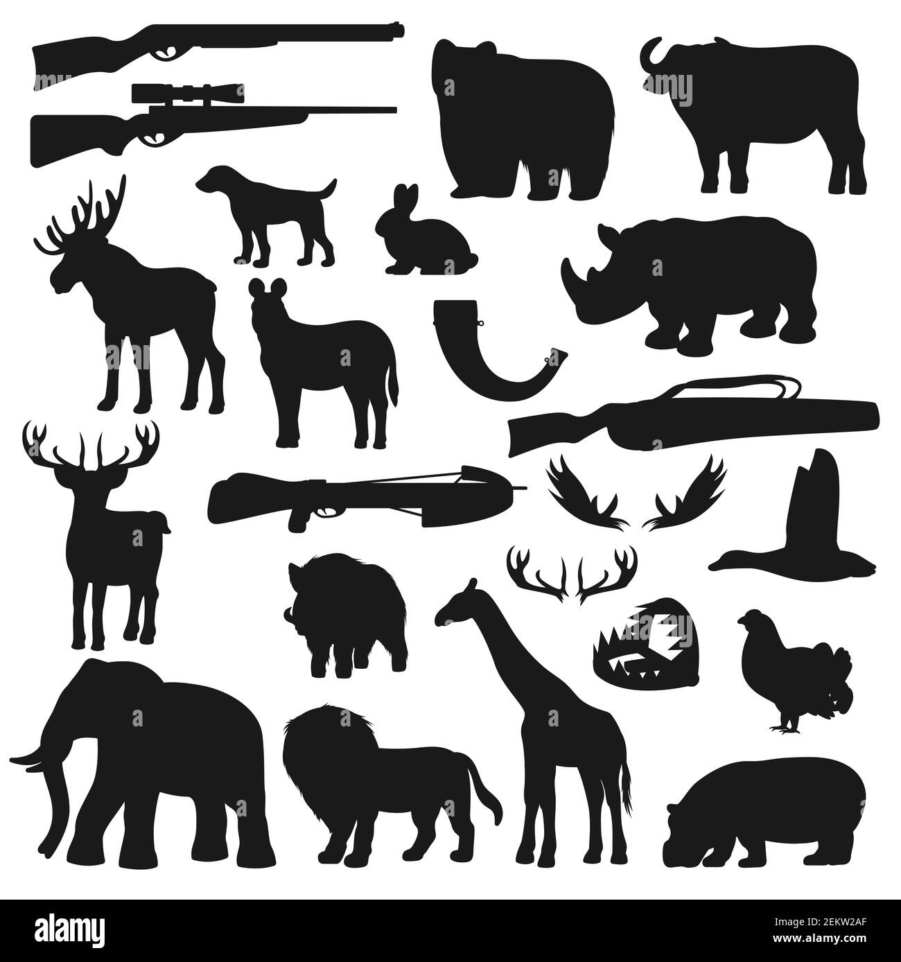 Hunter ammo equipment, hunt wild animals and birds silhouette icons ...