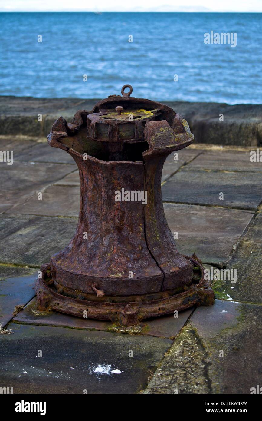 old, rusted, hitching post, harbour, mooring, metal, rusting, sea ...