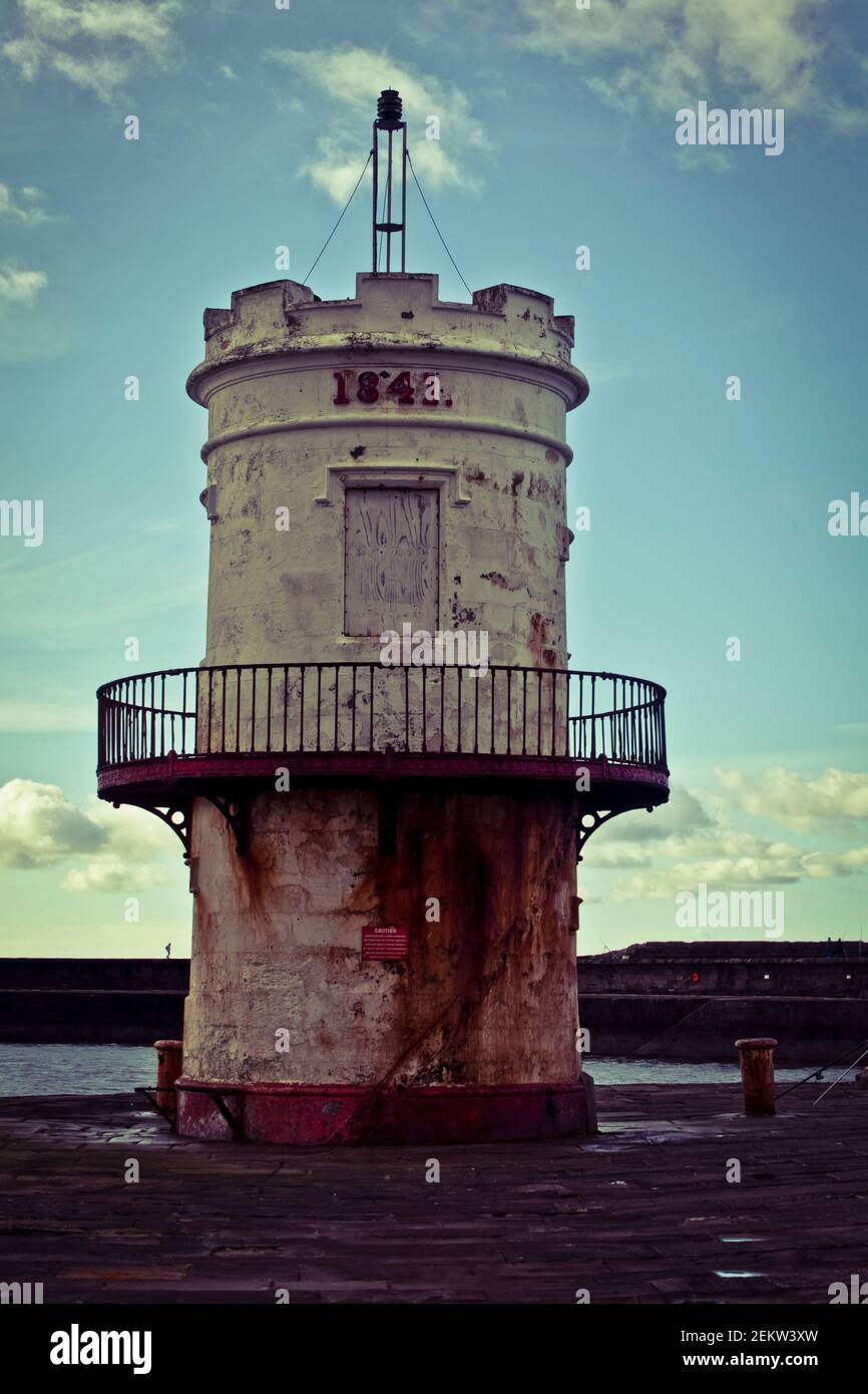 small harbour marker lighthouse, old, 1841, rusted, dilapidated, looks ...