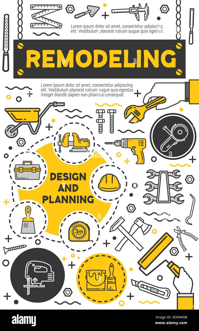 Vector carpentry, masonry and woodwork hand tools, drill and saw, paint ...