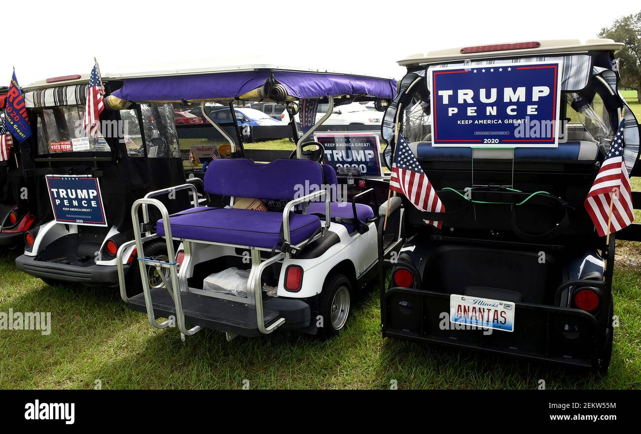 Golf carts with placards are seen before U.S. President Donald Trump ...