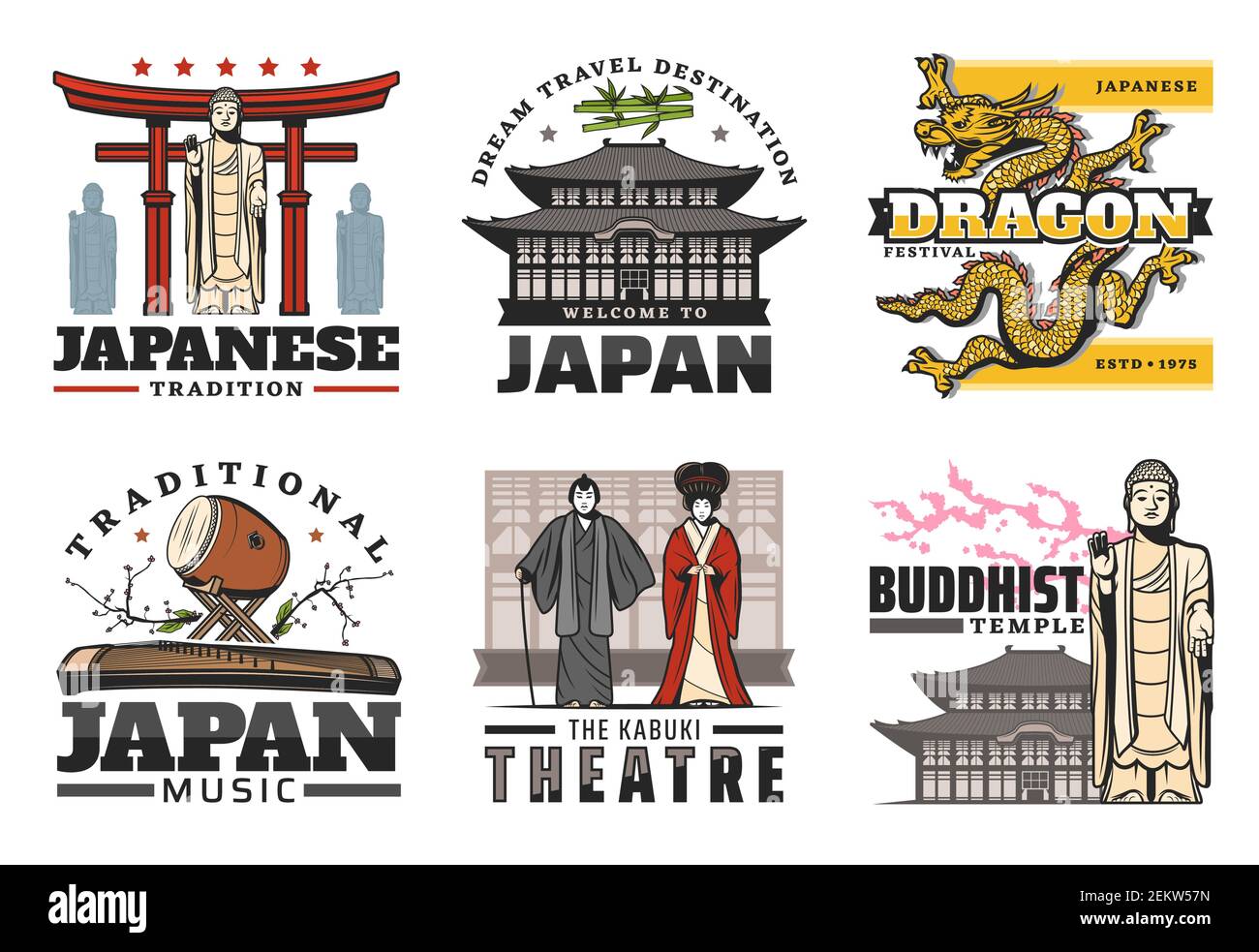Japanese travel landmarks, culture and famous tradition symbols. Vector ...