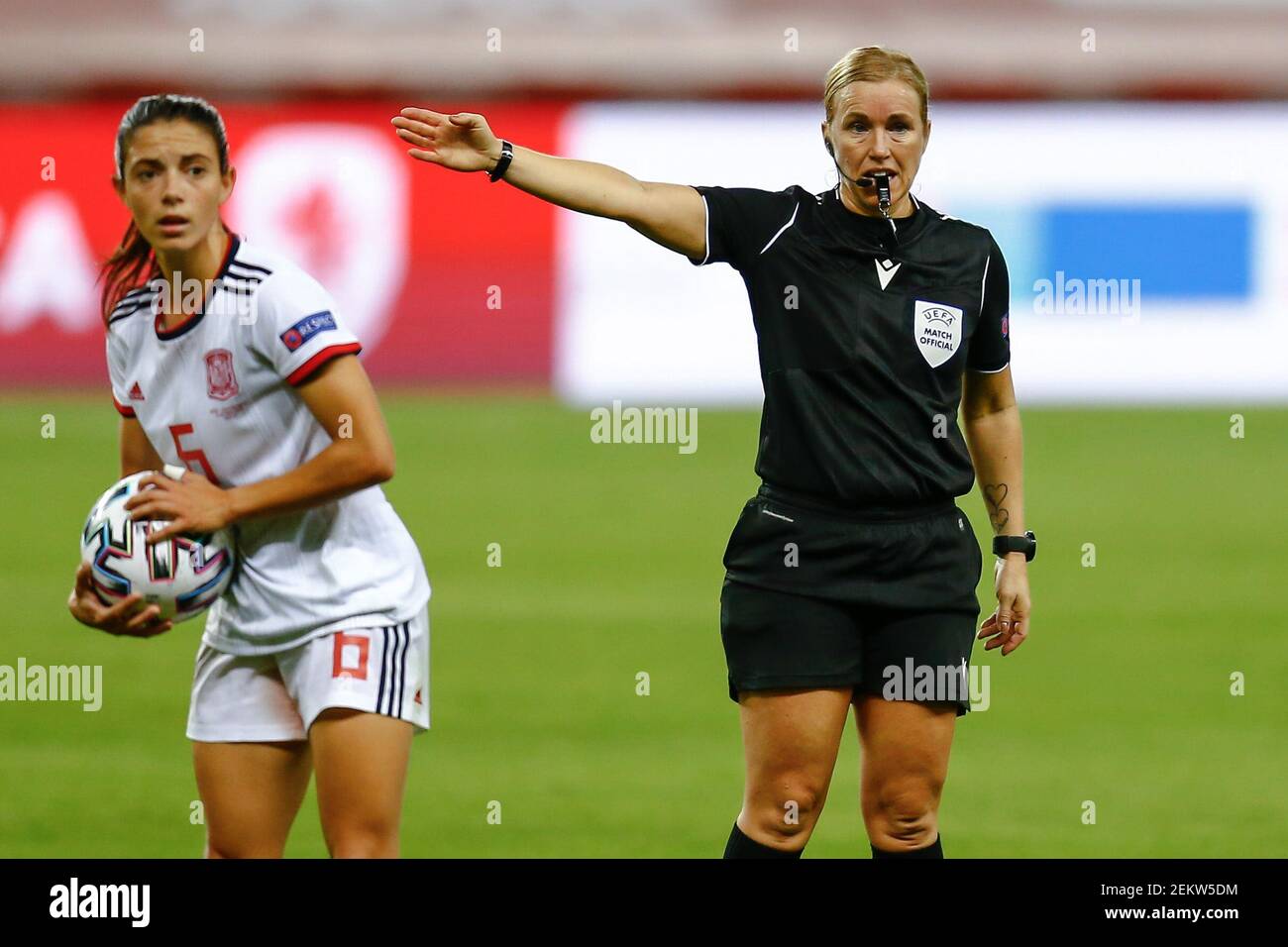 The referee Sara Persson and Aitana Bonmati of Spain during the UEFA ...