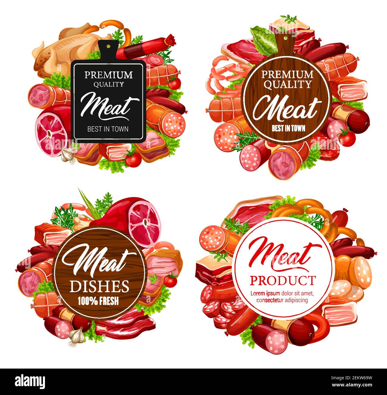 Meat food vector sausages, beef steaks and pork ham, salami, bacon and ...