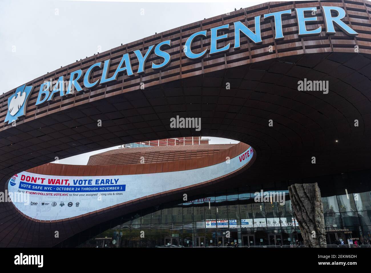 On the first day of early voting, a display at the Barclays Center in ...