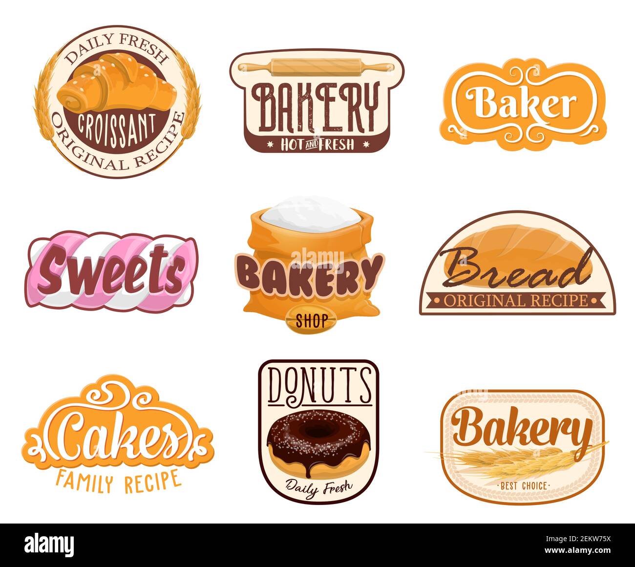 Bakery shop and patisserie or pastry store icons. Vector baked food ...