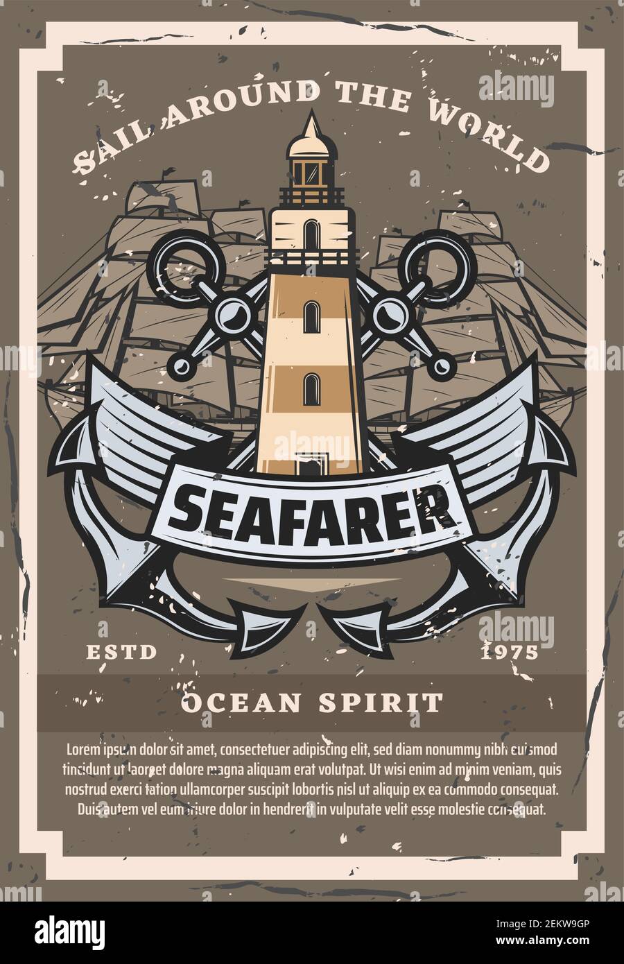 Nautical anchors, sailing ships and boat rope, lighthouse and vintage ...
