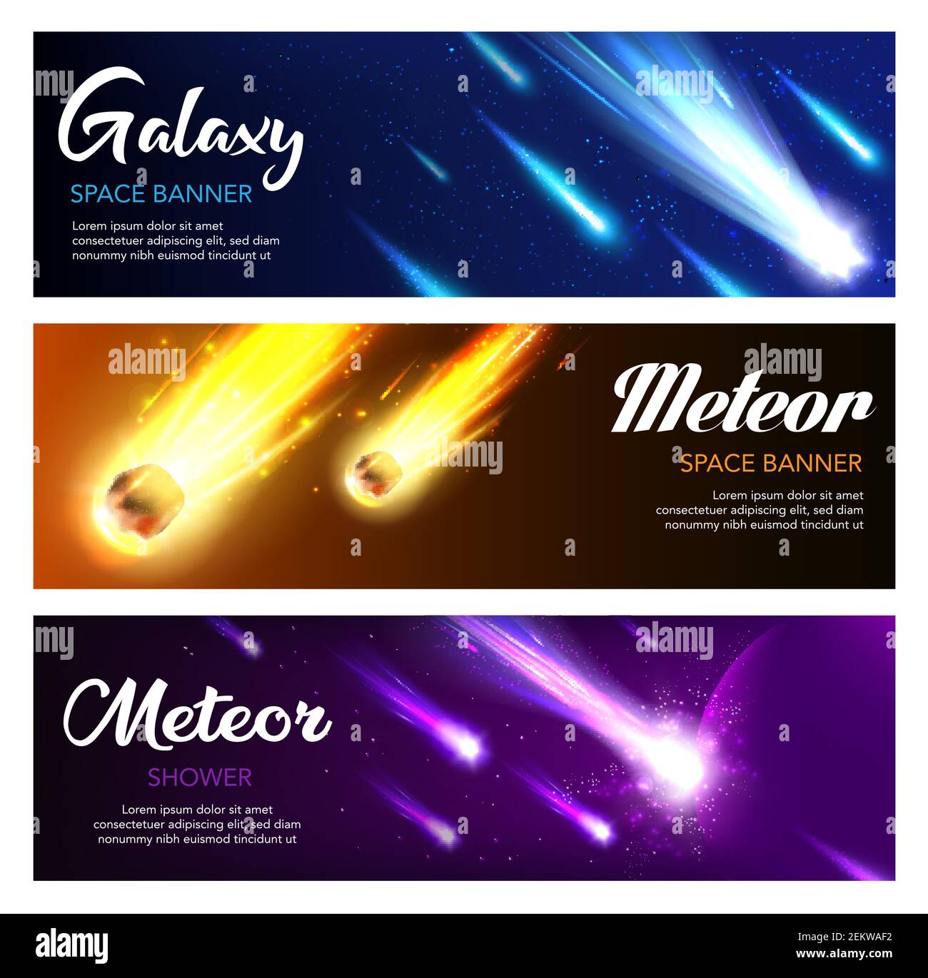 Meteor shower and galaxy vector banners of falling comets and asteroids ...