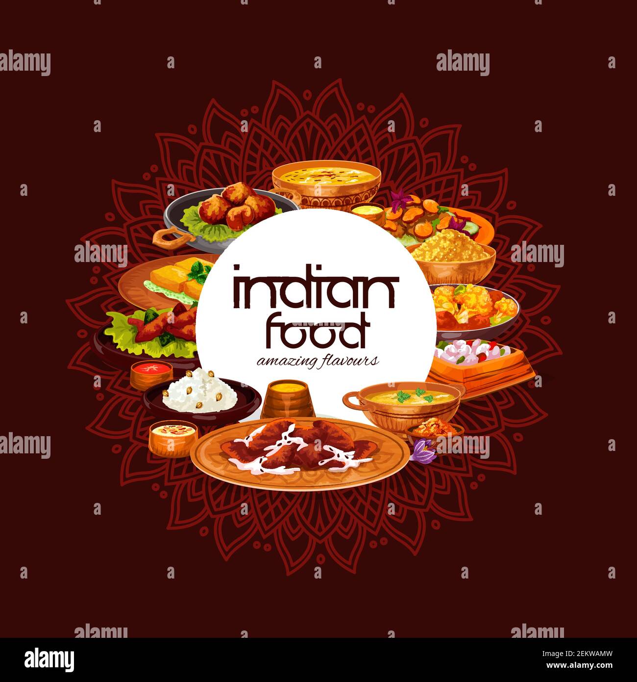 Indian food vector design of rice pilau, chicken meat curry and lentil ...