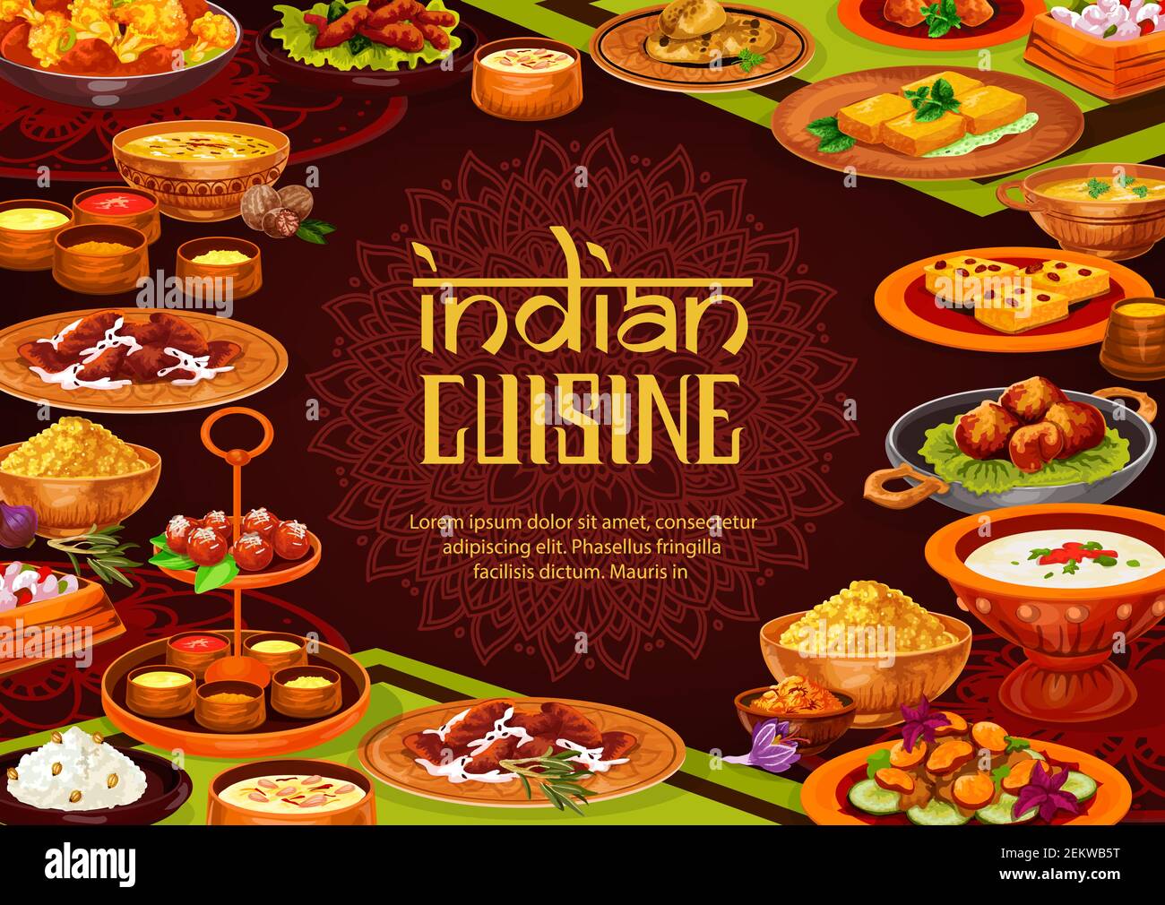 Indian food vector design of rice pilau with chicken curry, lentil ...