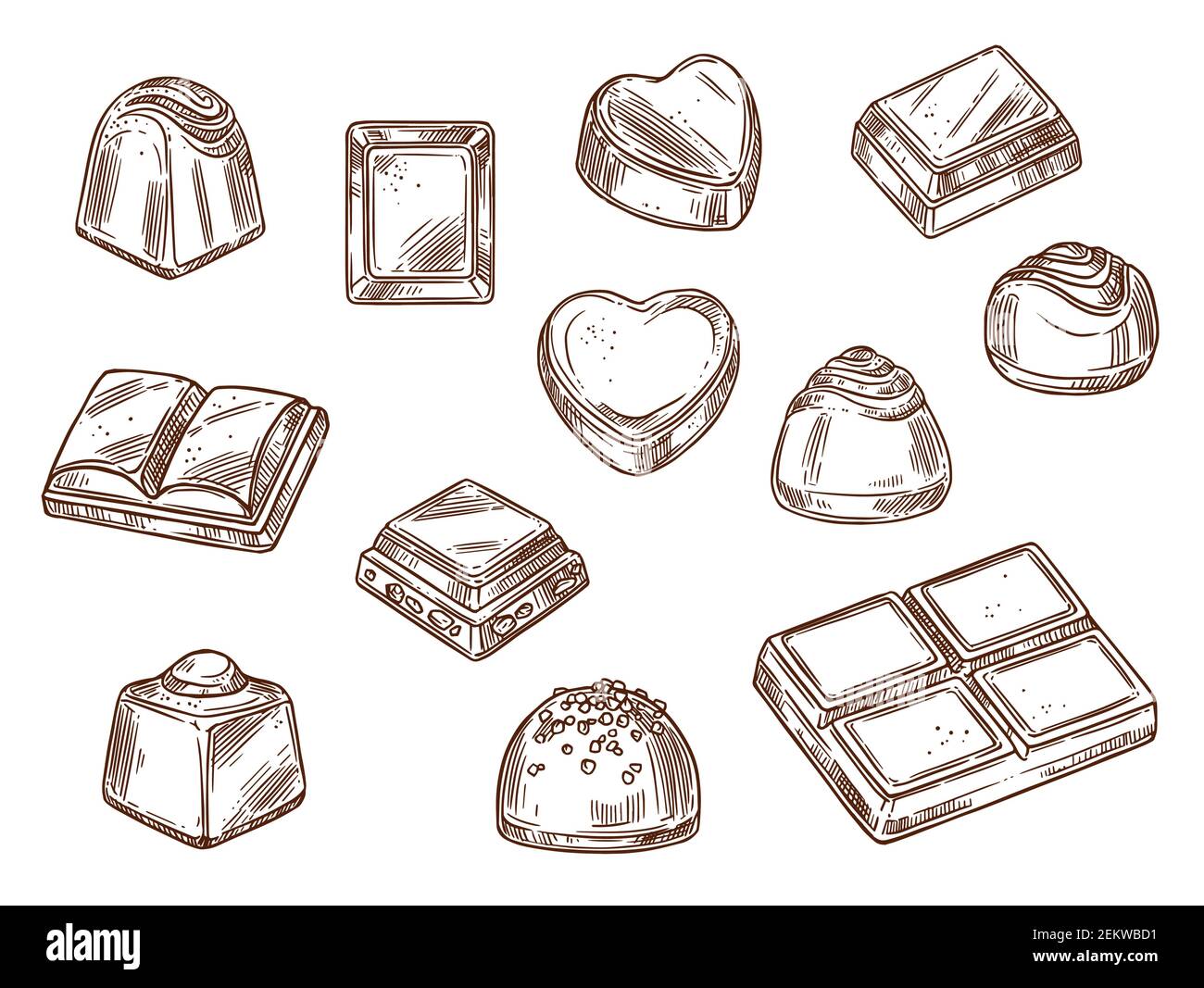 Chocolate candies and sweets isolated sketch icons. Vector cacao bars ...