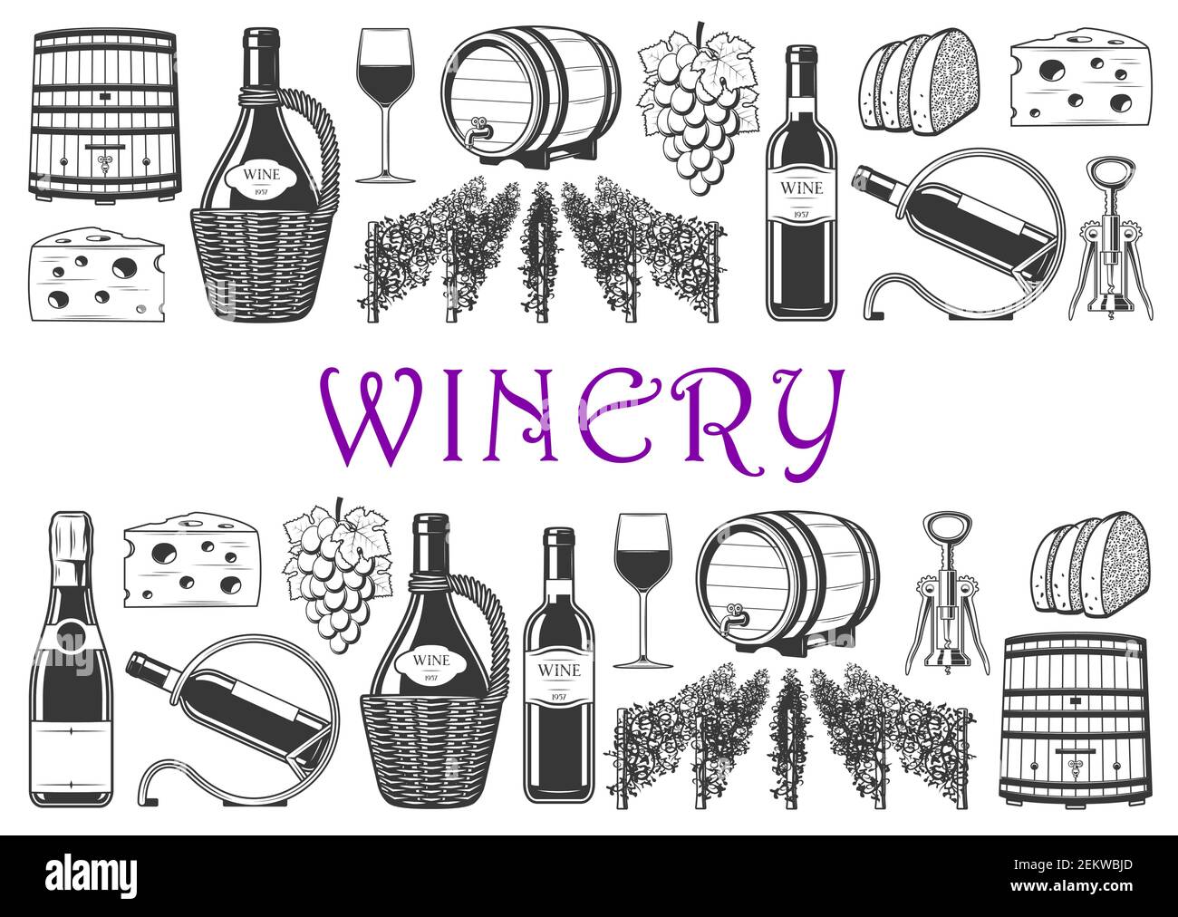 Winery monochrome icons, wine production and winemaking industry ...