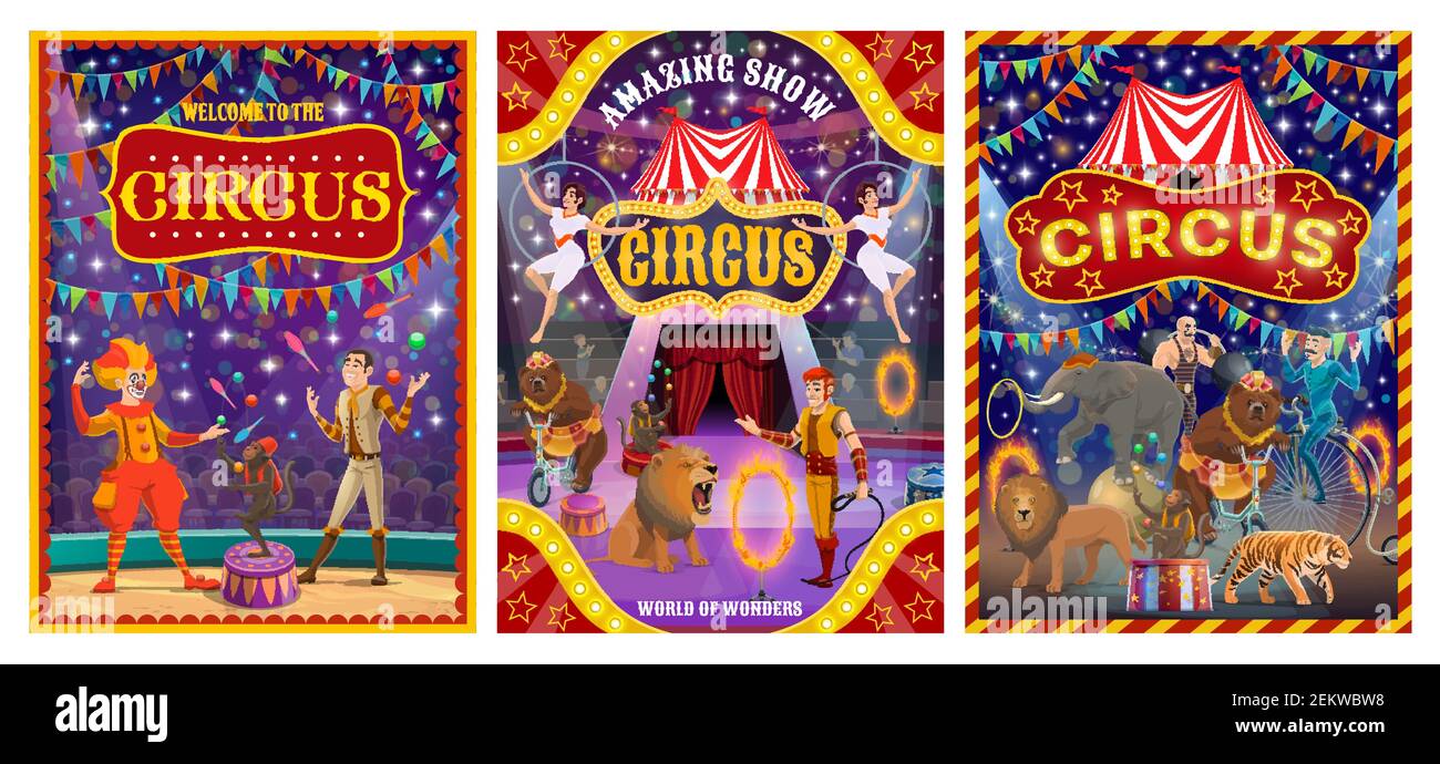 Circus show performers at arena of cirque tent vector design. Acrobats ...