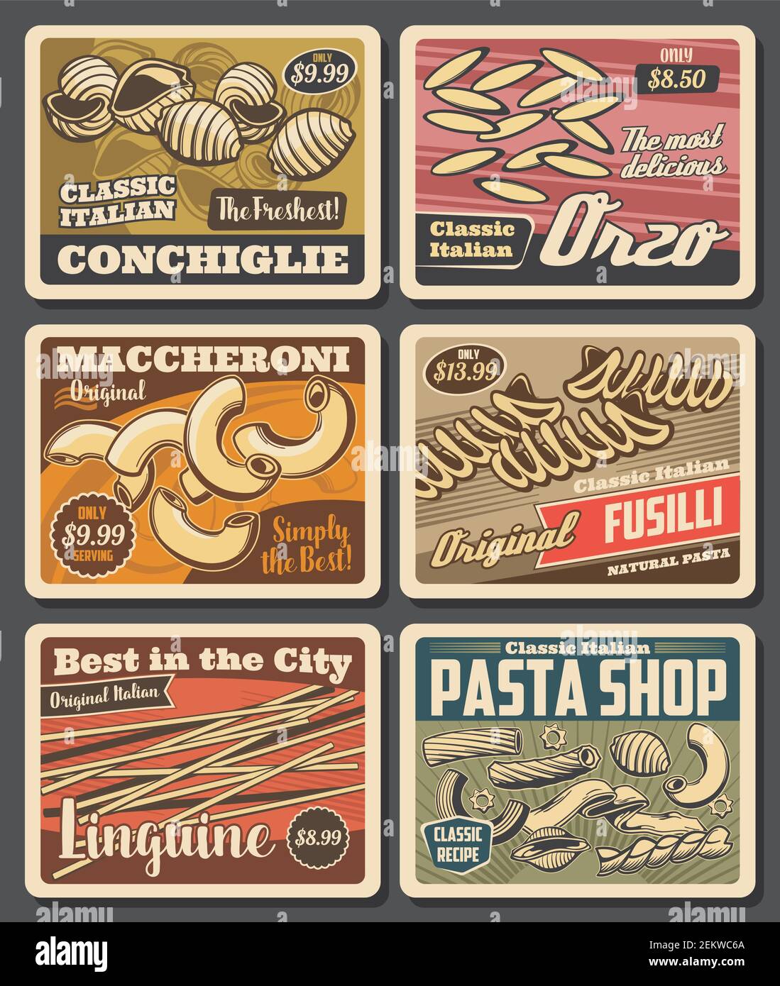 Italian pasta retro posters with vector macaroni, spaghetti and ...