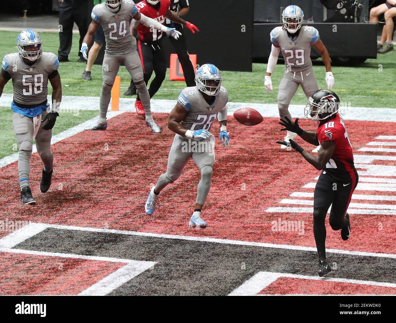 Atlanta Falcons wide receiver Calvin Ridley, right, gets past Detroit ...