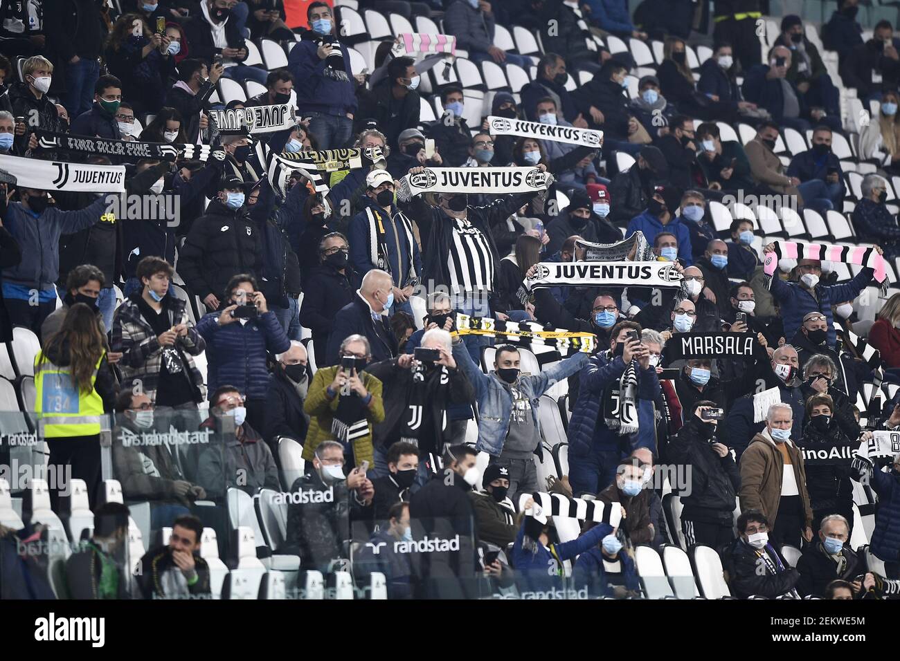 TURIN, ITALY - October 25, 2020: Fans of Juventus FC show their support ...