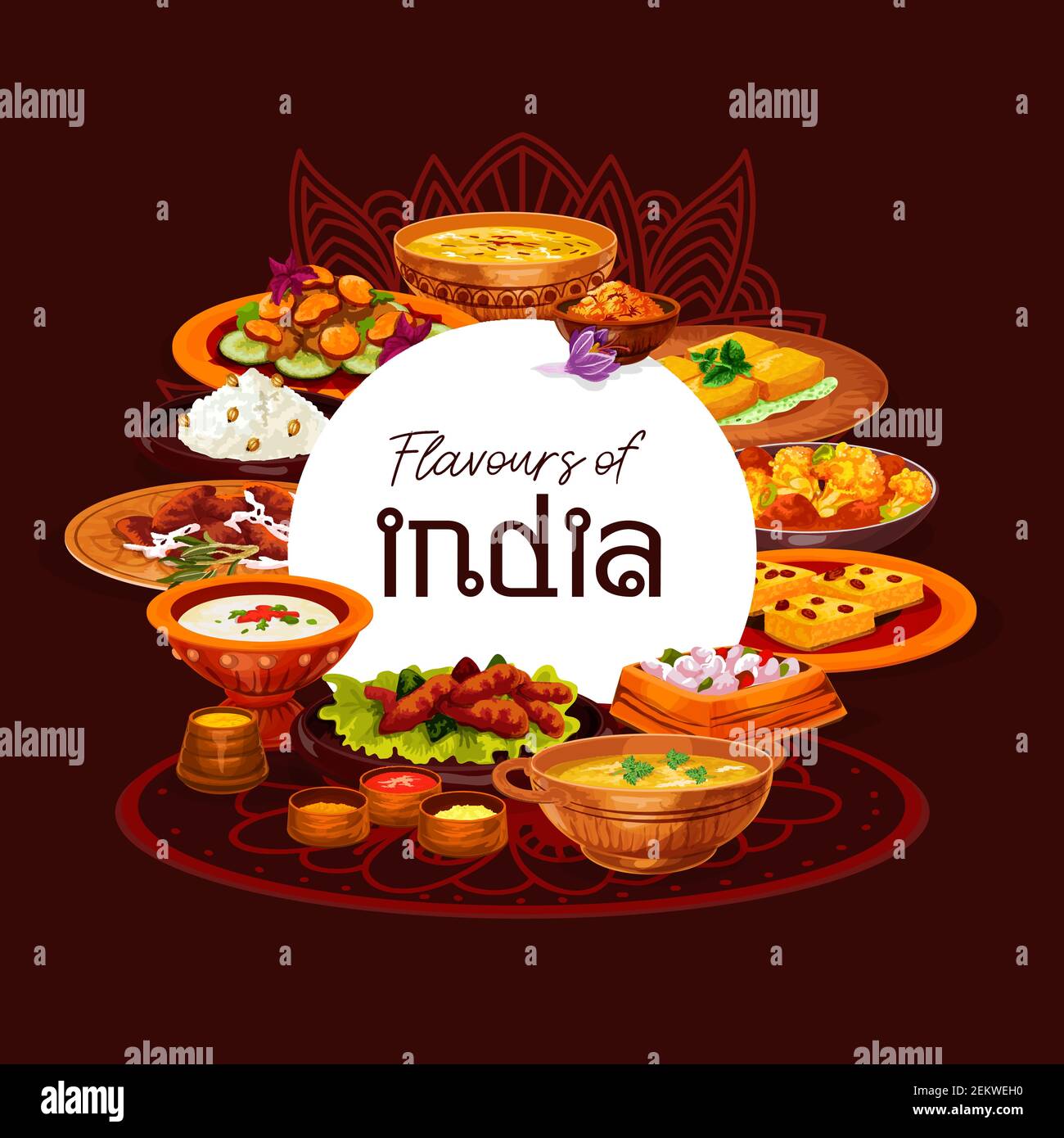 Indian cuisine thali dishes vector design, served with spice rice, meat ...