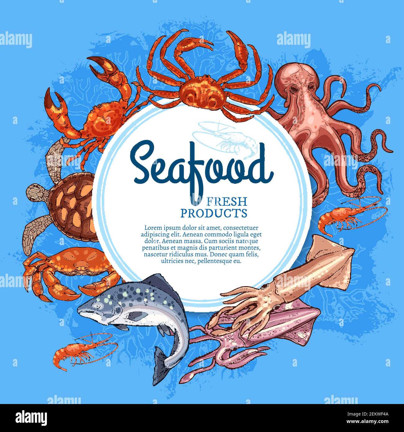 Seafood vector frame of fish, shellfish and marine animal sketches ...