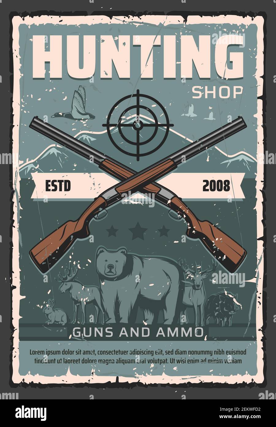 Hunting guns and hunter shotguns ammunition shop vintage retro poster ...