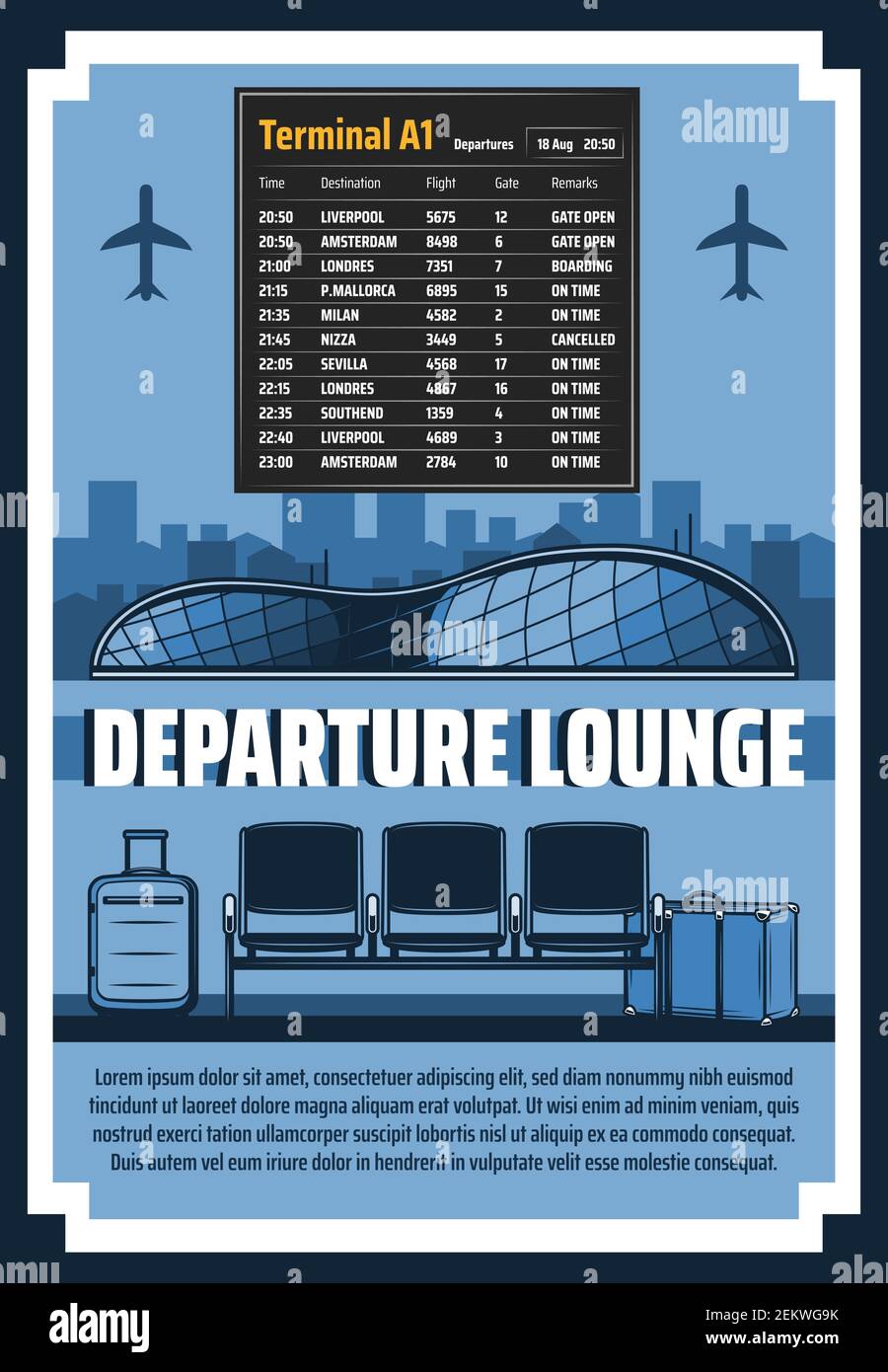 Airport flights time schedule and departure lounge terminal Vector ...