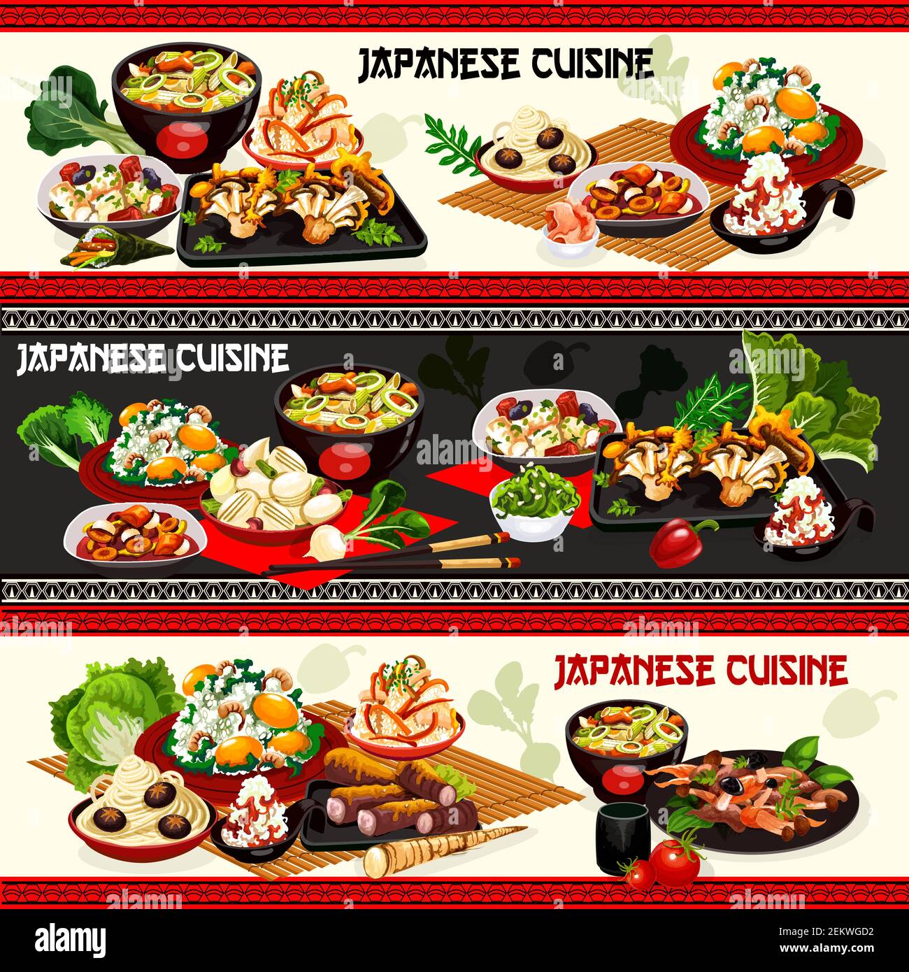 Japanese food vector banners of rice and noodles with shrimps, mushroom ...