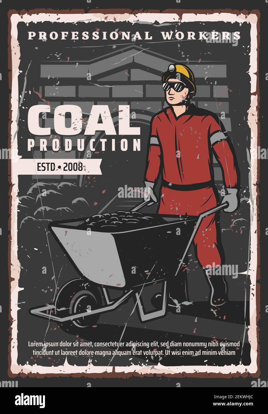 Coal production, mining industry and professional worker vintage retro ...
