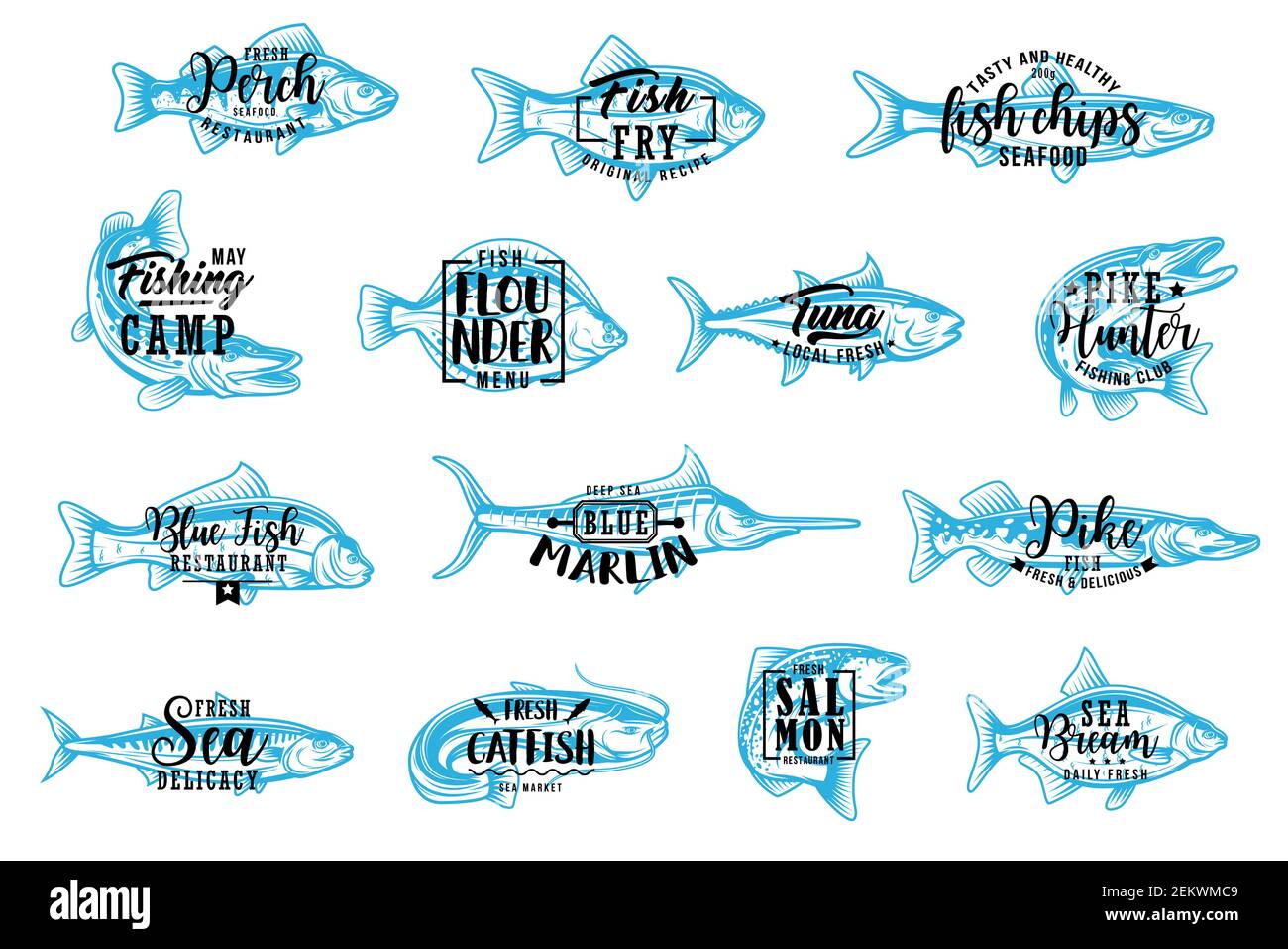 Fish silhouette isolated icons with lettering. Vector seafood and ...