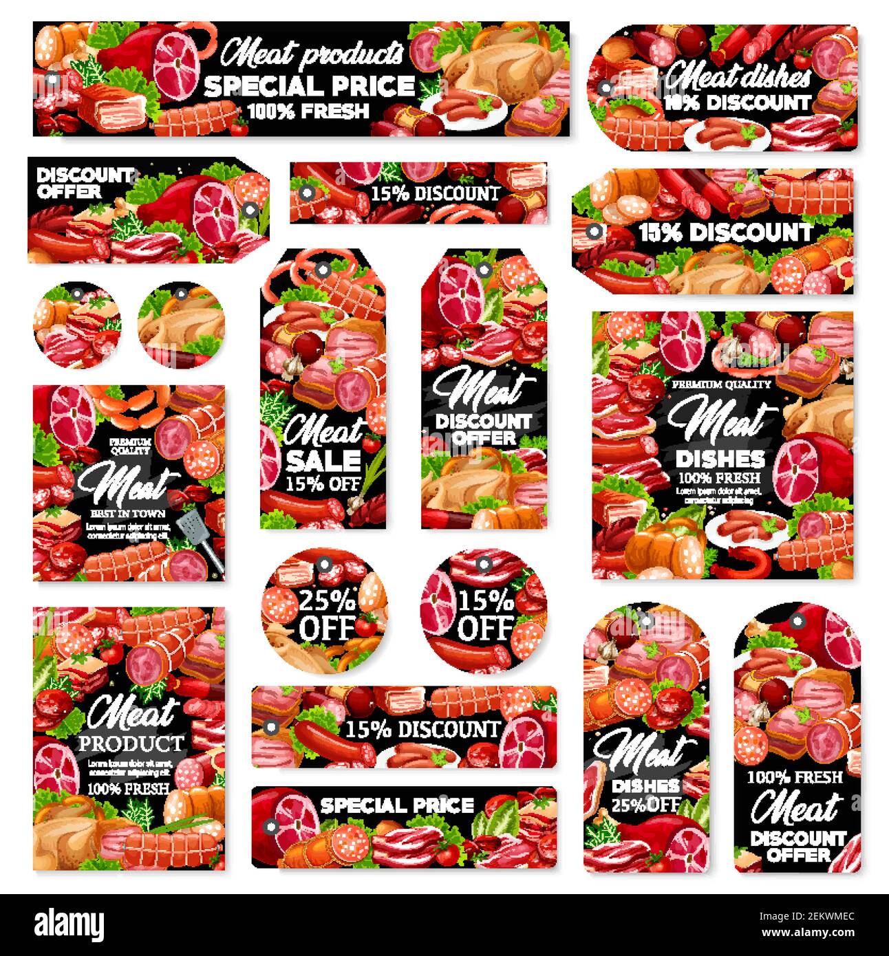 Meat food sale tags vector design with special discount price offers of ...