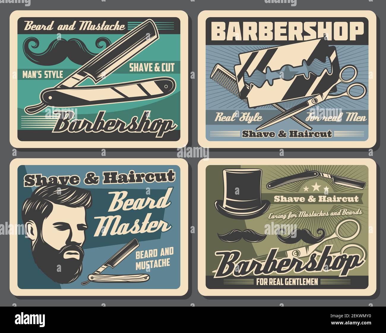Barbershop vector posters of hair styling, beard and mustache shaving ...