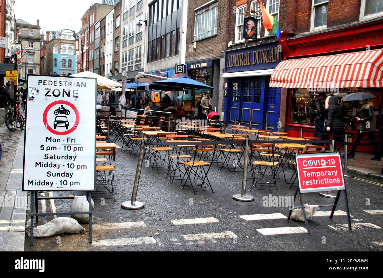 Temporary Pedestrian zone sign at the entrance to a cordoned off street ...