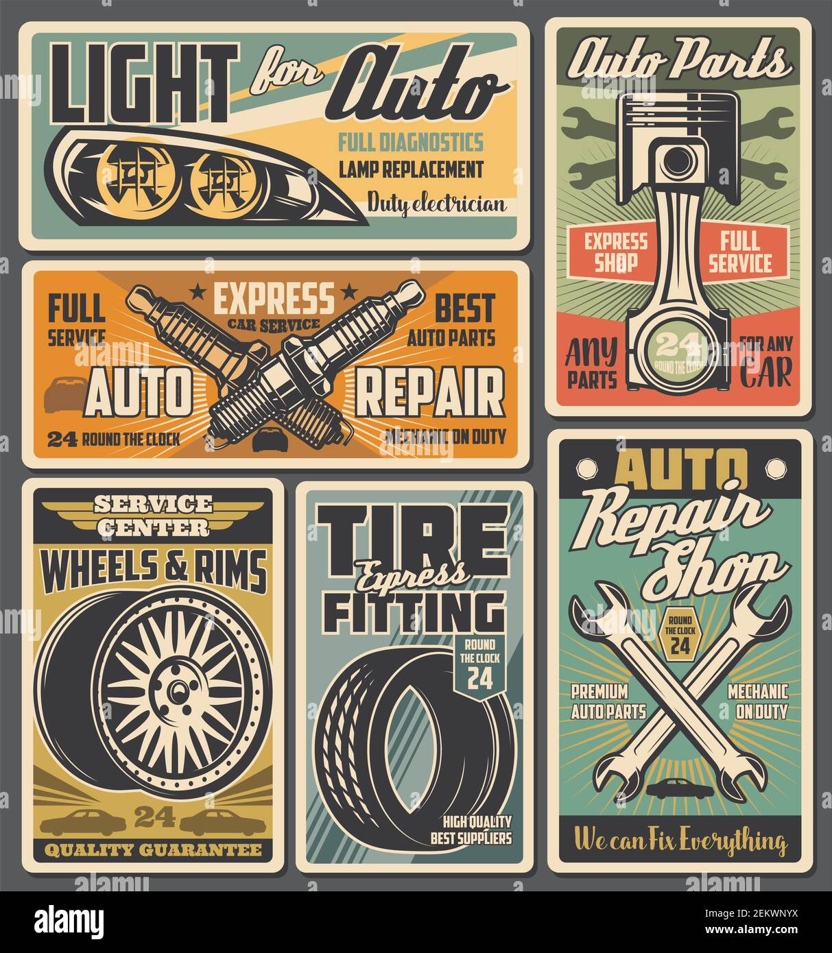 Car service and auto repair spare parts retro posters. Vector wheel ...