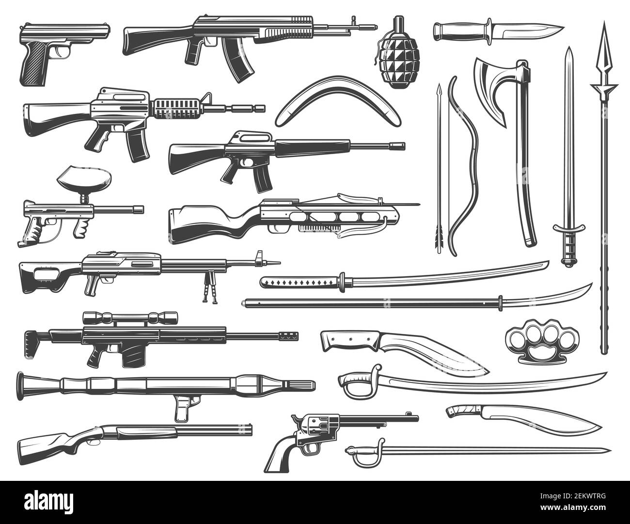 Weapon guns ammunition, military and fight ammo icons. Vector grenade ...