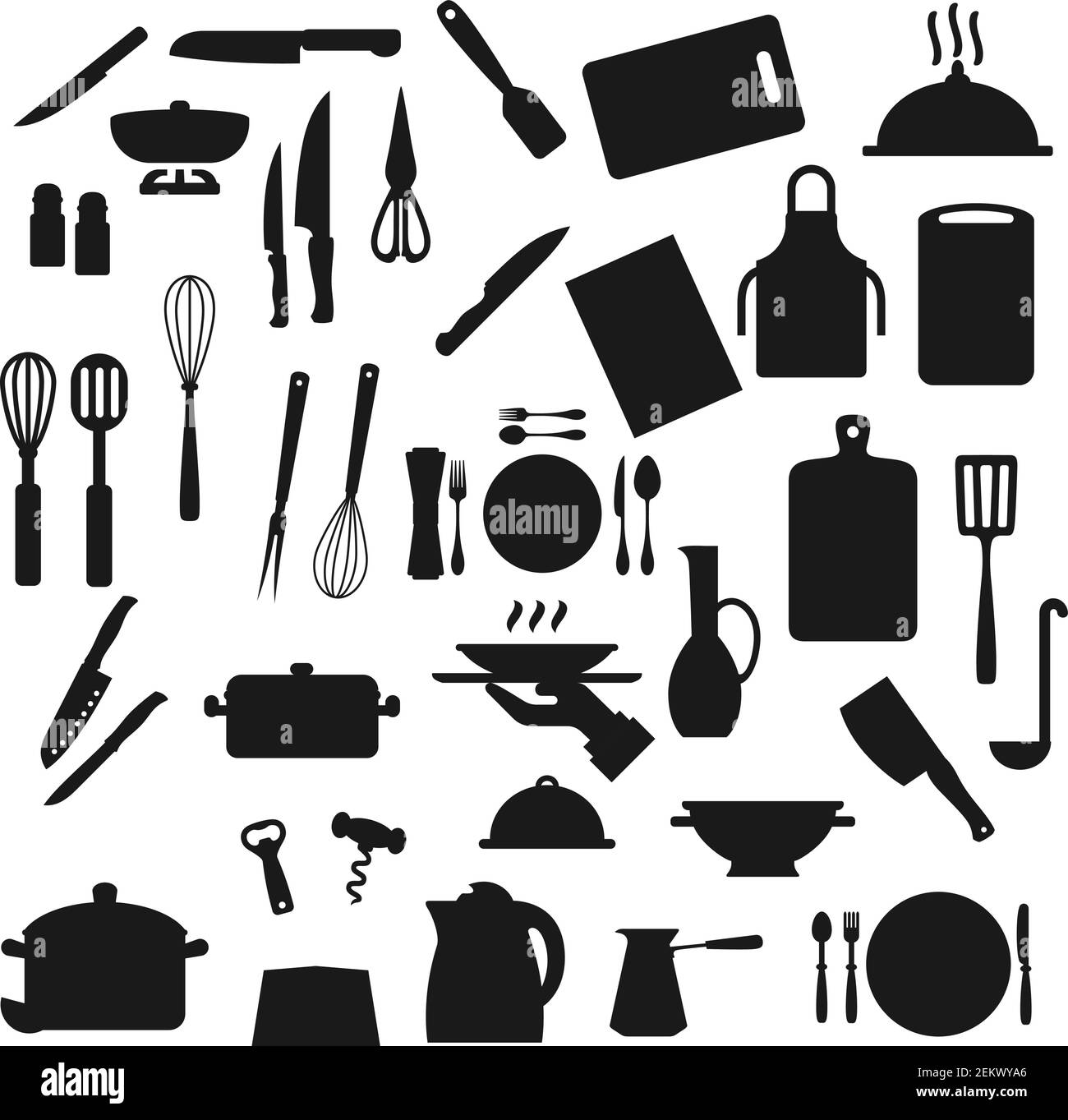 Cooking utensils, kitchen cutlery and kitchenware silhouette icons ...