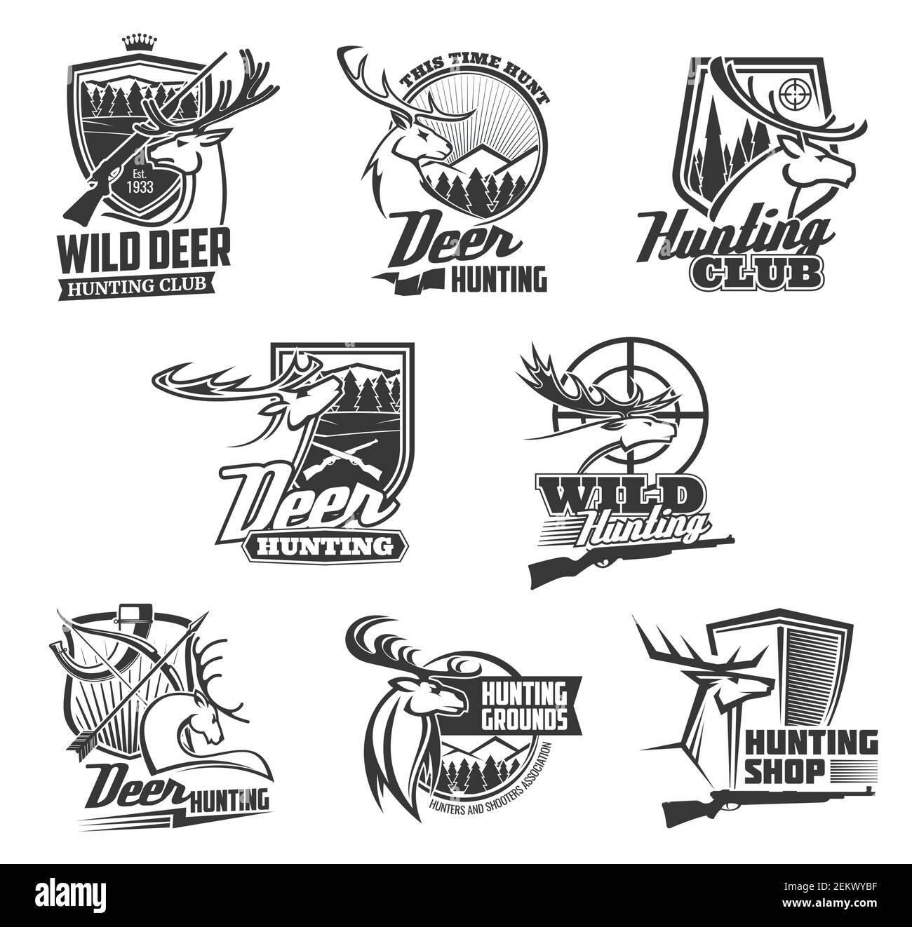 Deer hunt club badges, hunting open season icons. Vector deer antlers ...