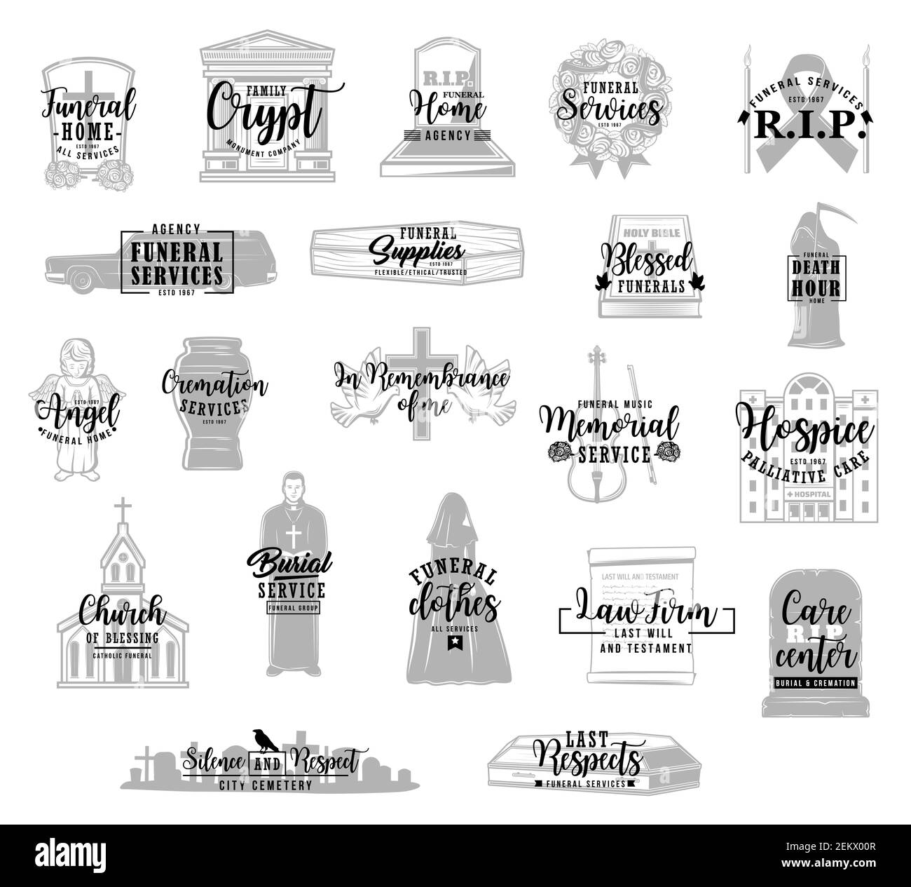 Funeral service icons, cremation columbarium and burial ceremony ...