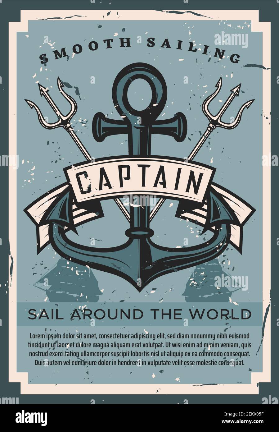 Sail around the world vintage retro poster with ship anchor and marine ...