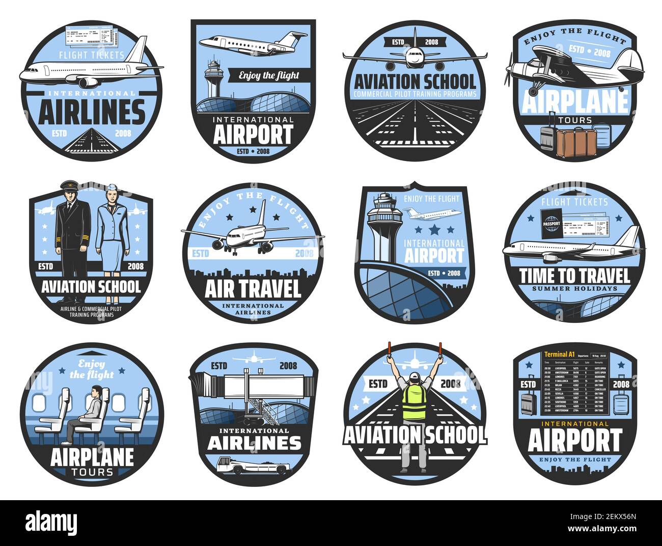 Aviation icons, pilot school and flight attendant service. Vector ...