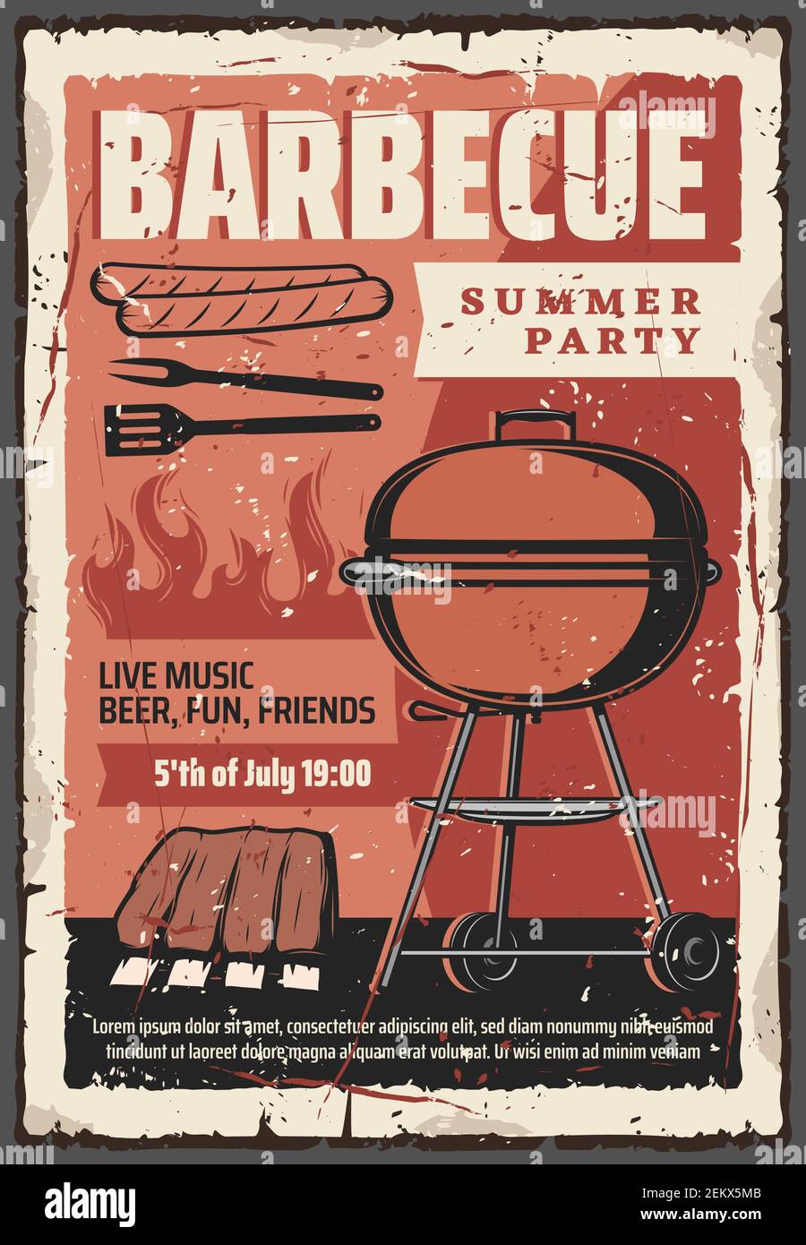 Barbecue summer party vintage retro poster, BBQ grill meat steaks and ...