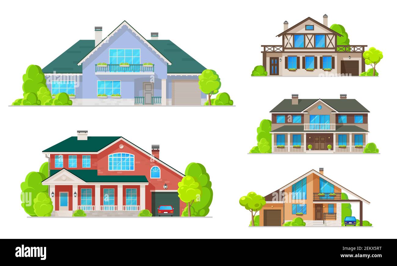 House building icons of village homes and cottages, villas and mansions ...