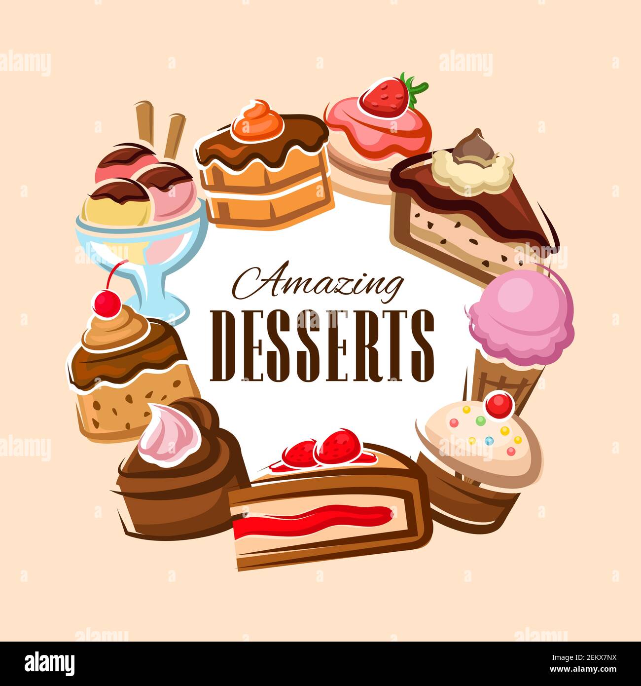 Desserts vector frame of cakes, bakery and pastry sweet food design ...