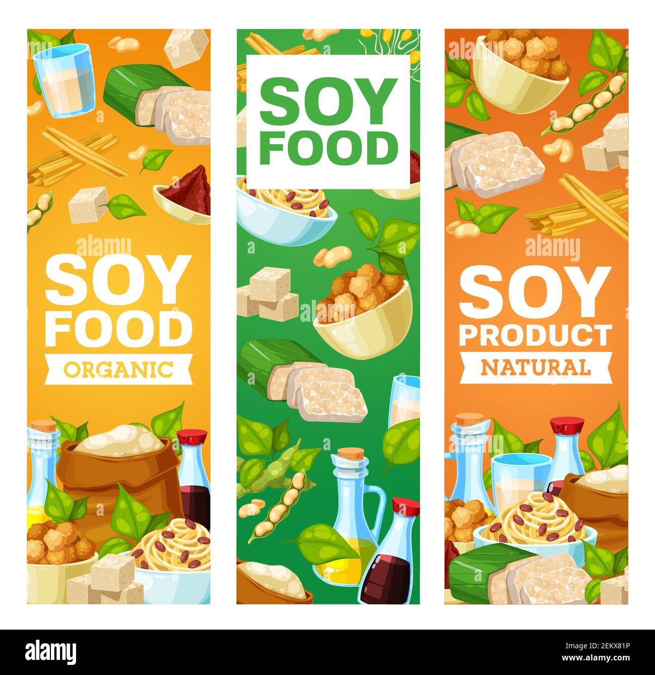 Soybean and soy products vector banners. Miso paste, soy sauce and tofu ...