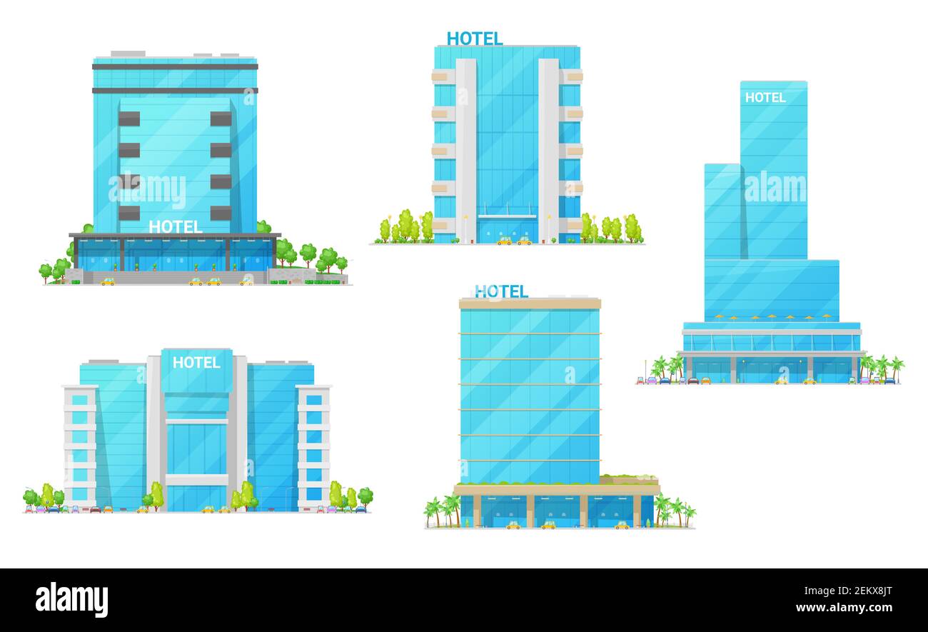Hotel building vector icons of city house modern exteriors. Town ...