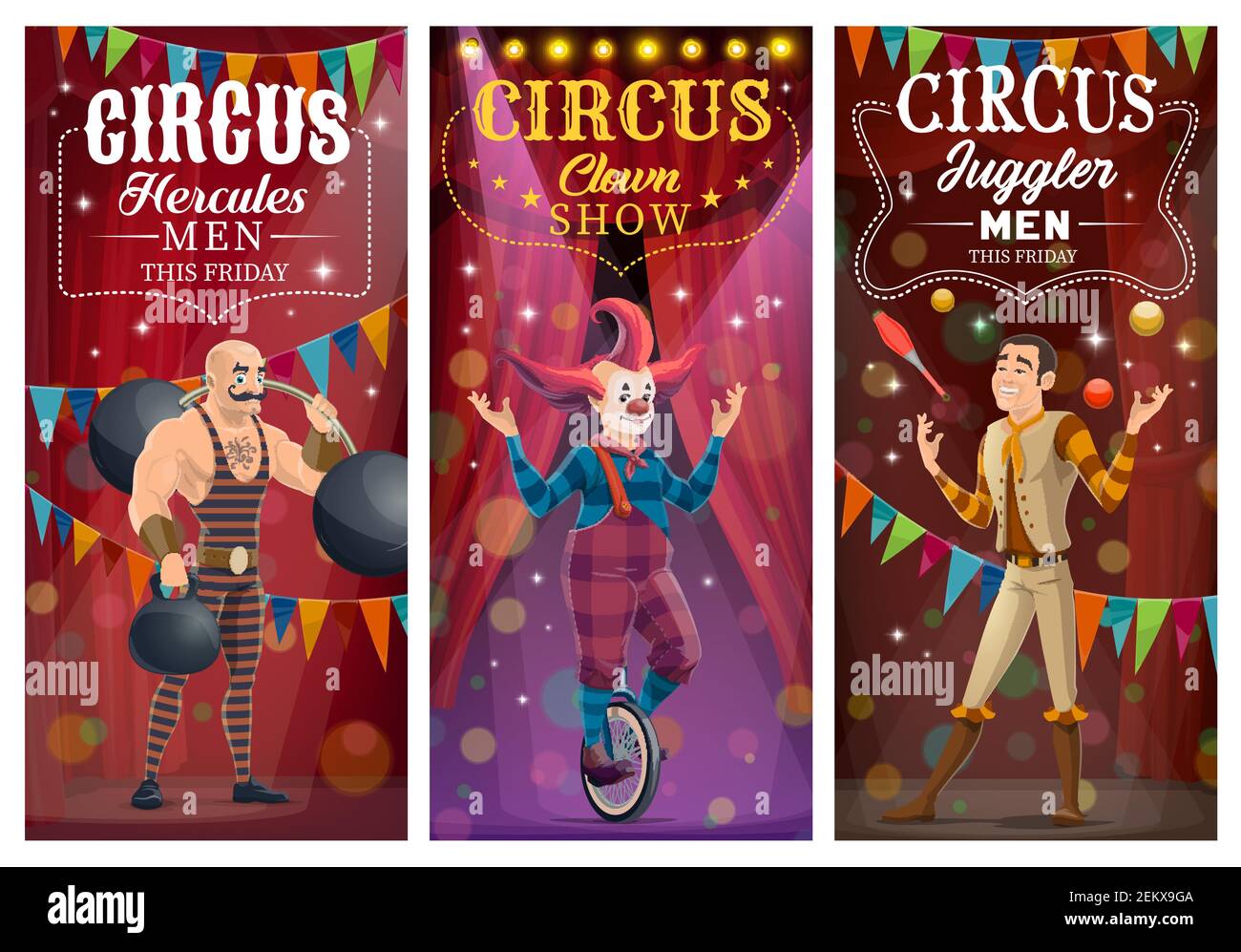 Circus clown , juggler and strongman vector characters. Top tent ...