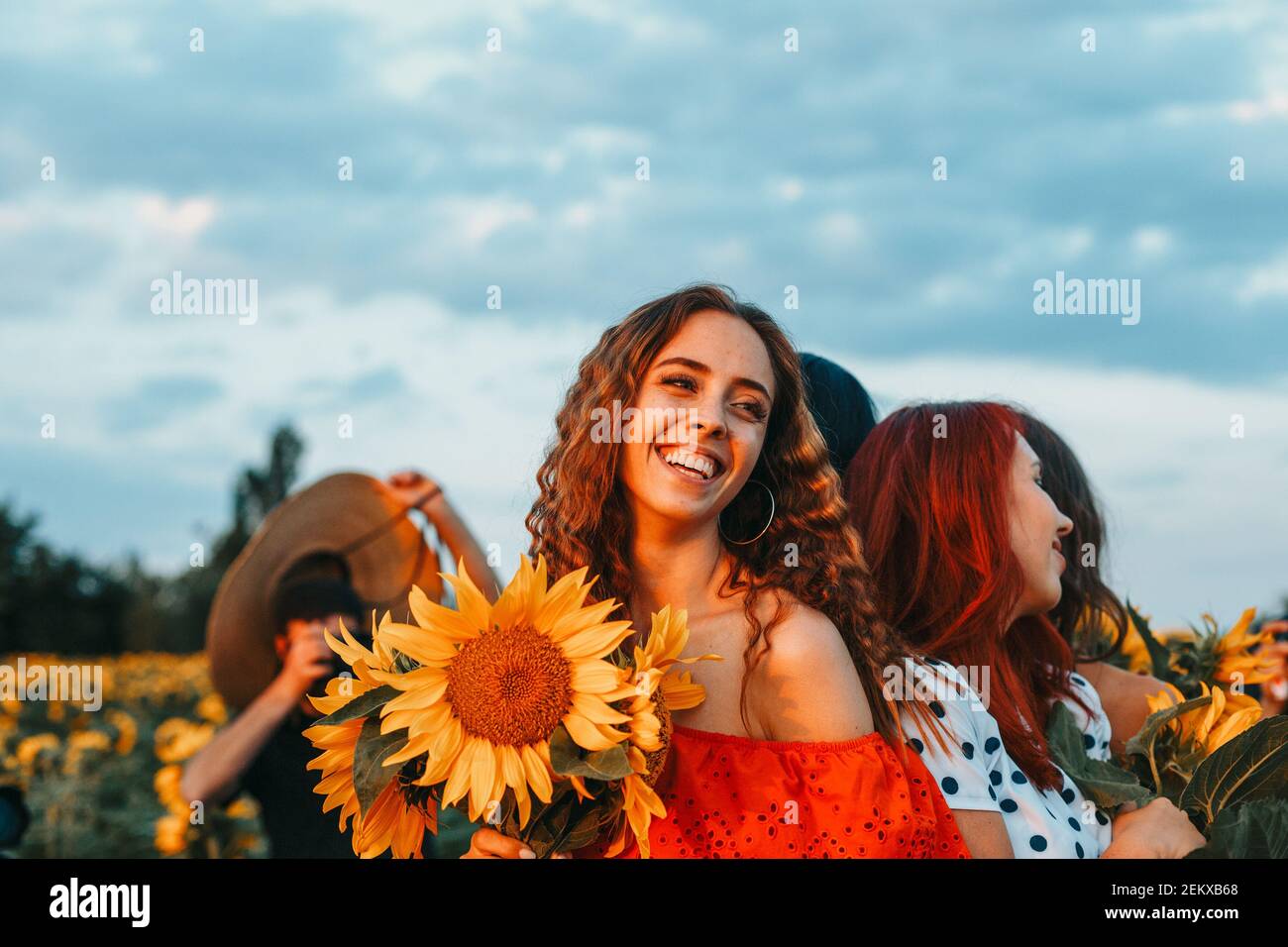 Cheerful young women in a field of sunflowers Stock Photo - Alamy