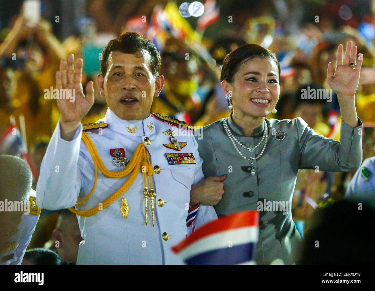 Thailand's King Maha Vajiralongkorn and Queen Suthida greet the royalists, outside The Grand ...
