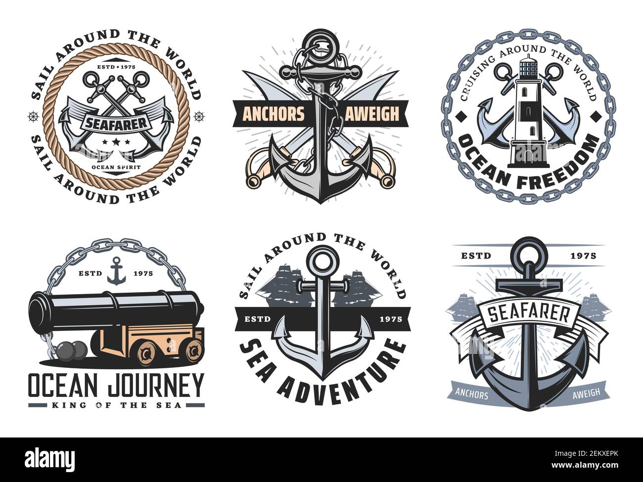 Nautical ship icons, ocean spirit and anchors aweigh quotes. Vector ...