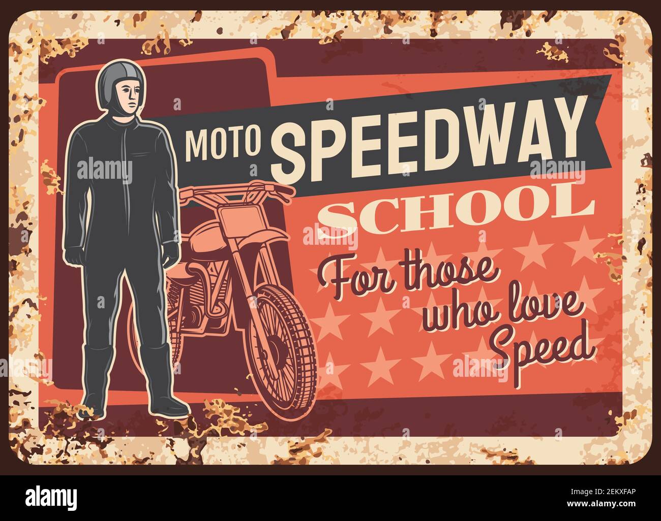 Moto speedway racer rusty metal plate, vector vintage rust tin sign for ...